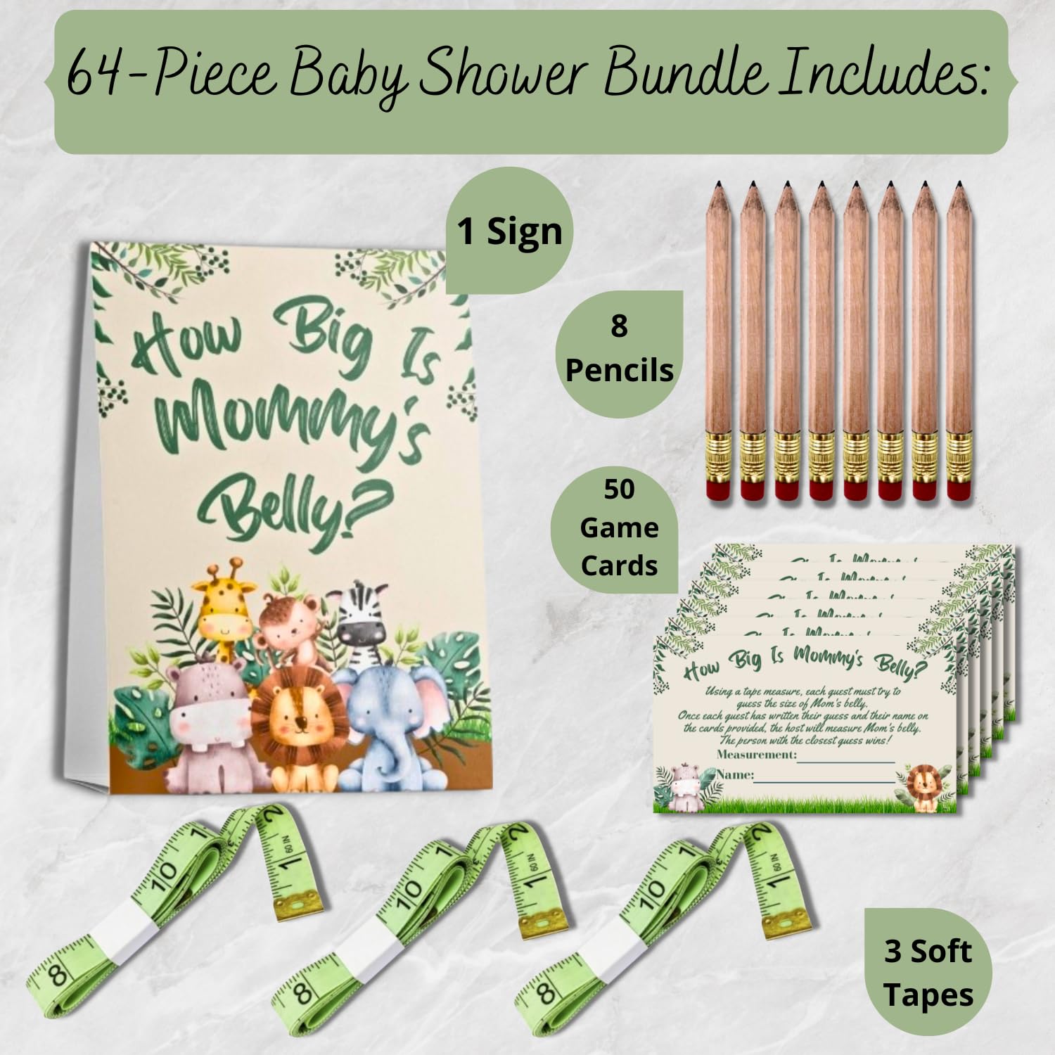 WillaBees Measure Mommys Belly Baby Shower Game How Big is Moms Belly? Game 62 Piece Safari Theme Baby Shower Bundle Include Sign 50 Playing Cards 8 Pencils 3 Baby Measuring Tape Baby Sprinkle