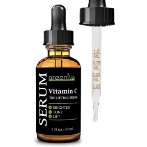 greenive vitamin c serum tri-lifting serum with hyaluronic acid, vegetable collagen & leucidal