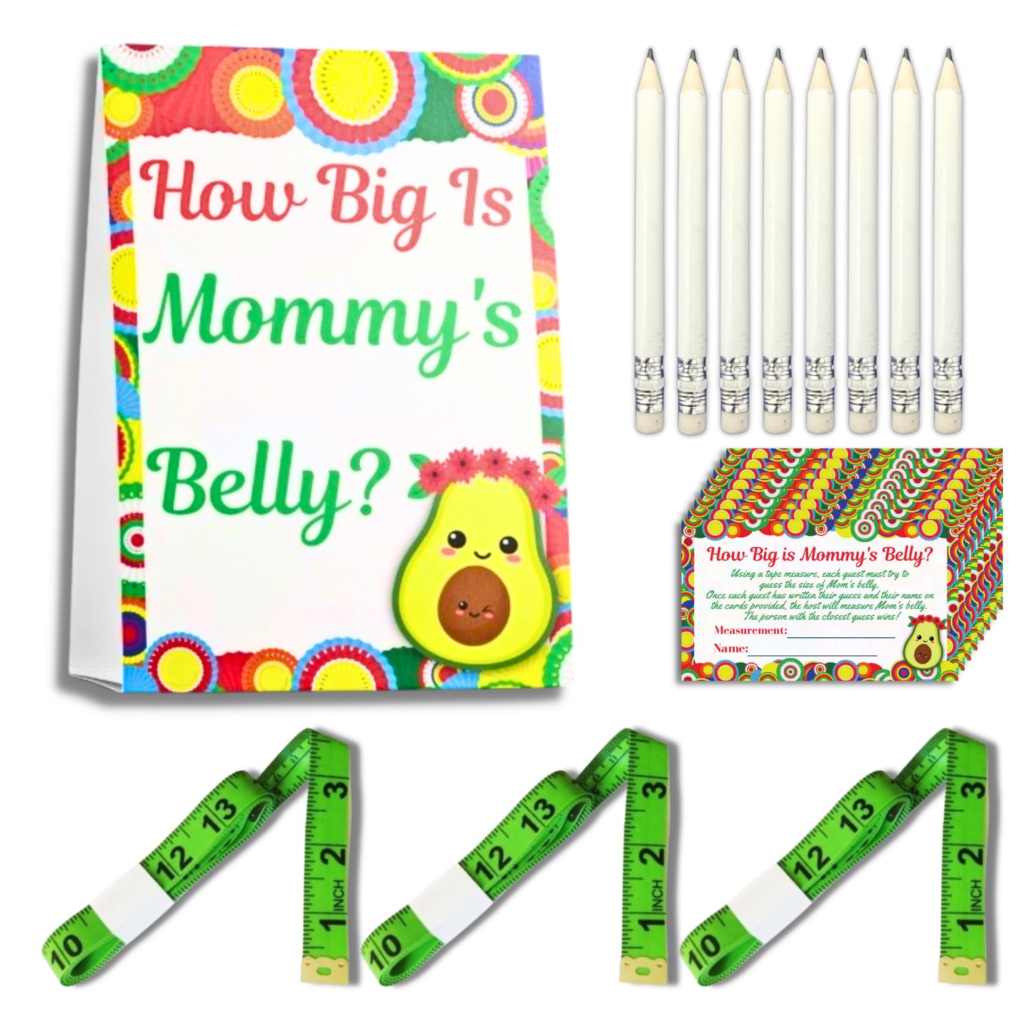 How Big is Mommys Belly Game cinta para medir la panza Measure the Belly Baby Shower Game 62 Piece for 50 Players Fiesta Avocado cielito lindo baby shower Game