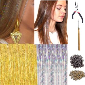 Gold Silver Hair Tinsel Kit, 47 Inches Glitter Heat Resistant Tinsel Hair Extensions Tensile with Hair Beads Wigs Tools & Accessories Tools Gift Set for Halloween Christmas Decoration Women Girls (GOLD AND SILVER)