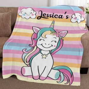 Personalized Fleece Throw Blanket for Kids Teens Boys Girls Baby Custom Name Magical Rainbow Blanket Newborn Infant Toddler Birthday Gift Super Soft 40"x50"