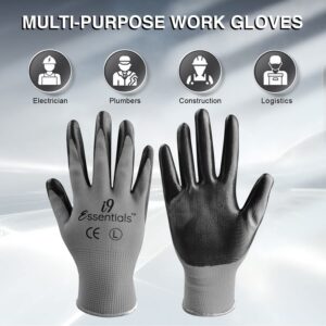 Multi-Purpose Work Gloves Large - Nitrile Coated Work Gloves for Men/women -Lightweight Safety work Gloves with grip for Woodworking, Gardening, Construction Work Gloves - Black & Grey,12 Pairs