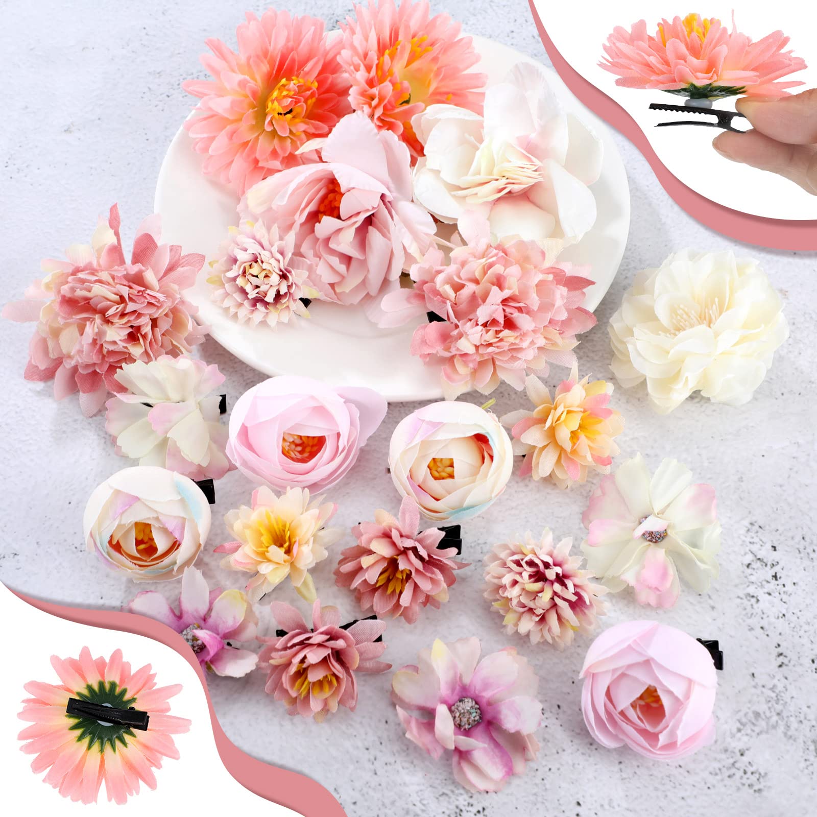 BBTO 21 Pieces Flower Hair Clip Rose Hair Clips Hair Barrettes for Women Flower Hair Accessories Boho Bride Claw Clip Hairpin Brooch Pin Headpiece for Wedding(Pink, White)