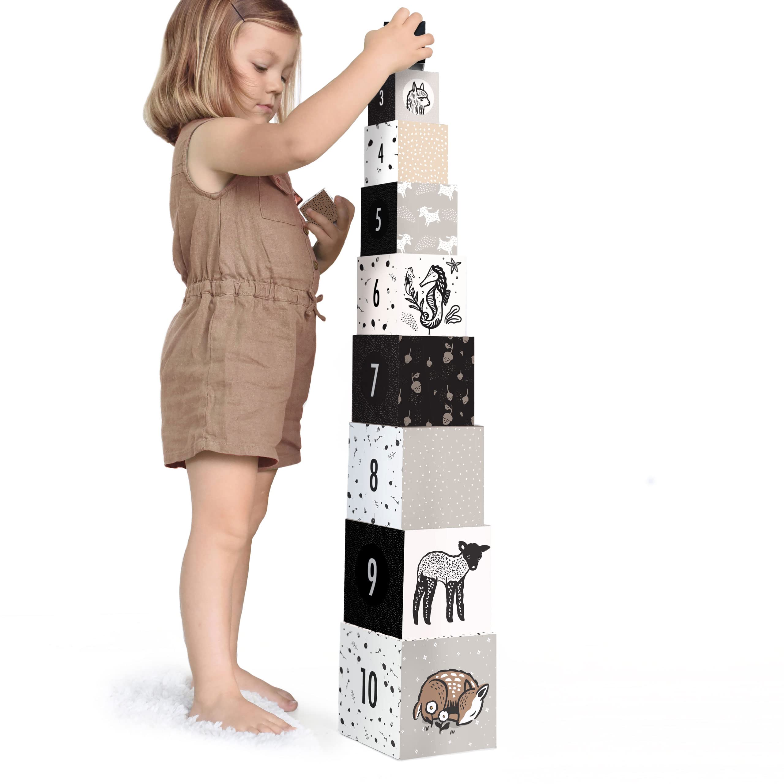 Wee Gallery Nesting Blocks - Baby Animals and Numbers - Black and White Stacking and Building Toy for Toddlers and Kids - Motor Skills, Creative Play and Problem Solving for Children (Ages 2 and up)