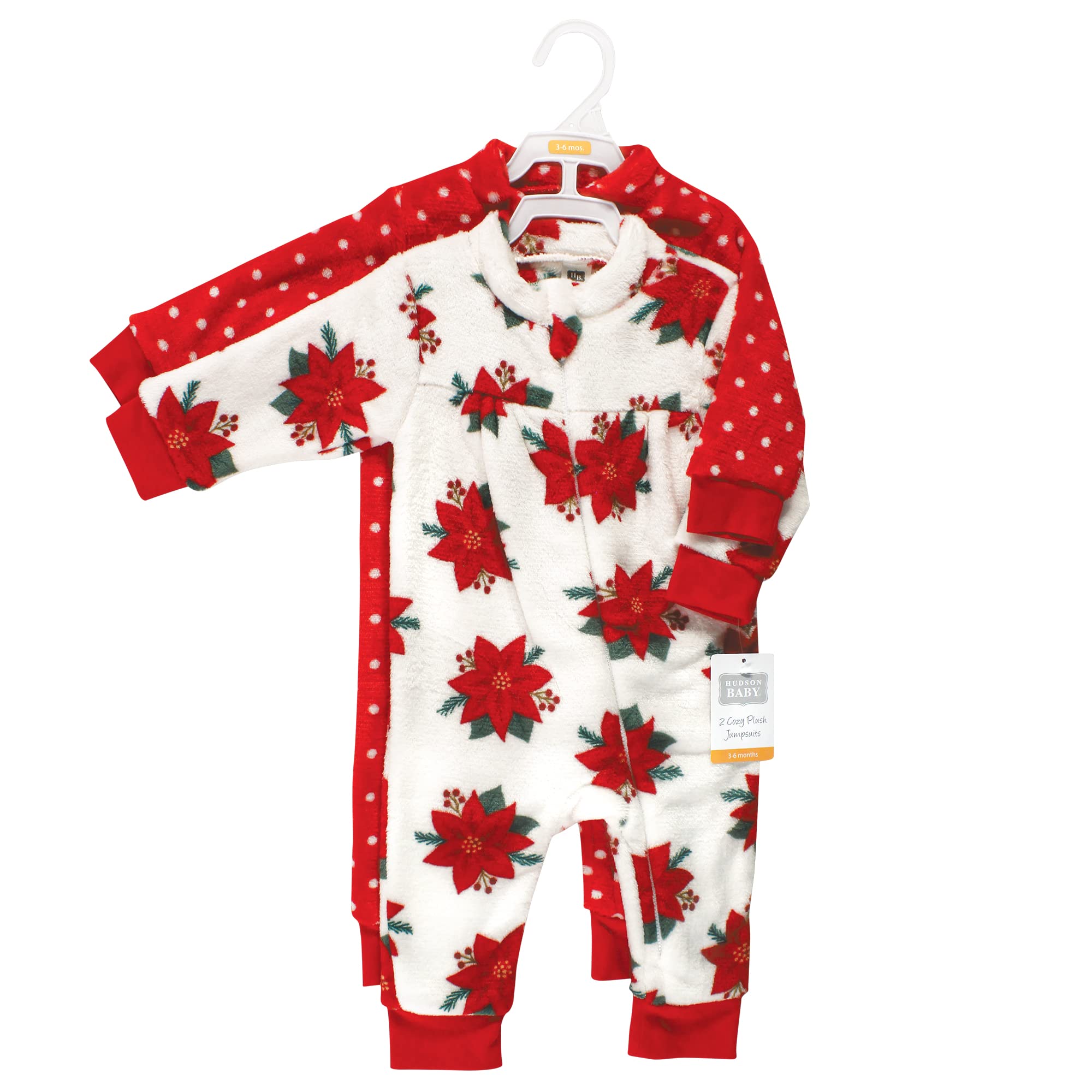 Hudson Baby Unisex Baby Plush Jumpsuits, Poinsettia, 3-6 Months