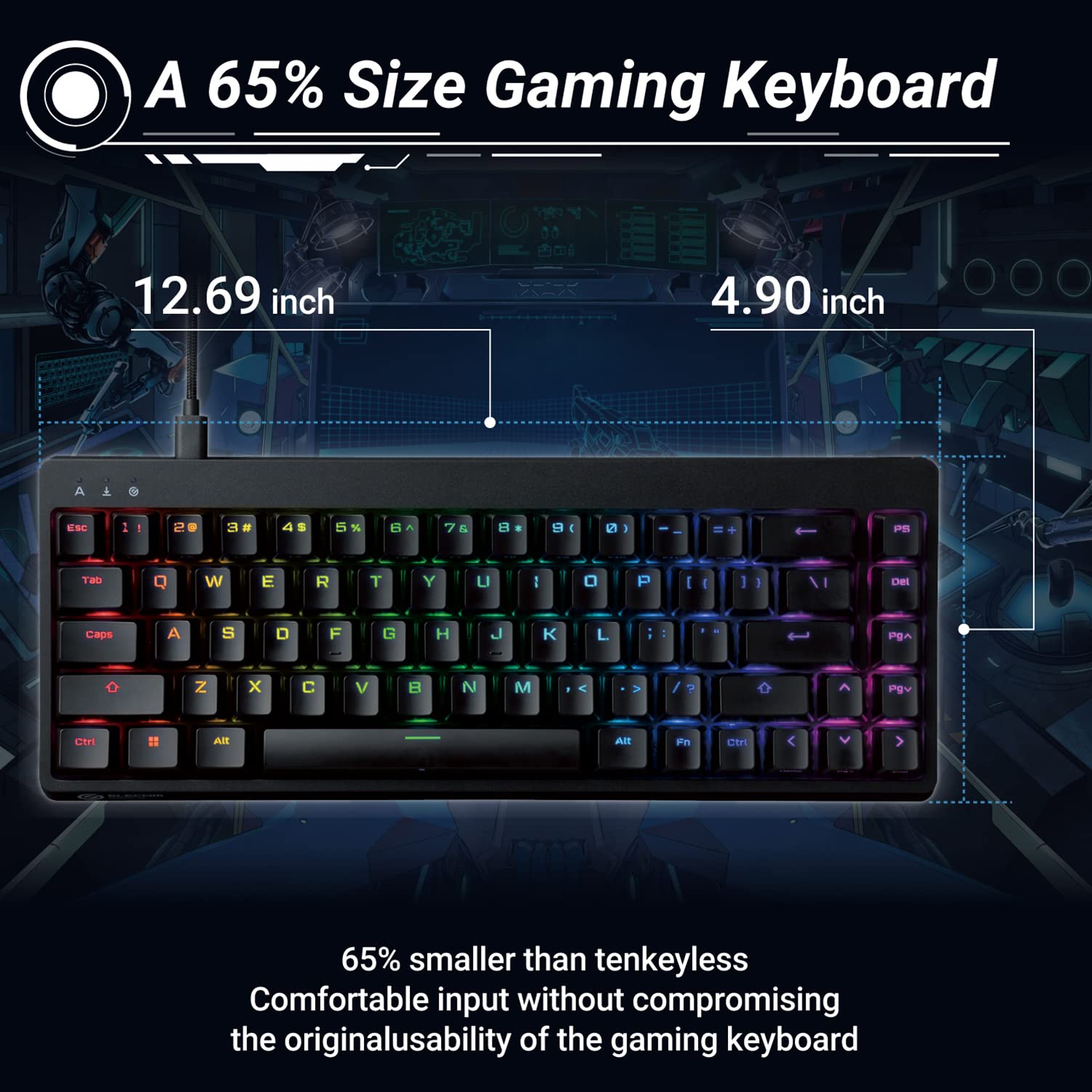 ELECOM Gaming V Custom VK300 Mini 65% RGB Gaming Keyboard, Backlit Wired Mechanical Keyboard, Speed Silver Linear Switches, N-Key Rollover, Detachable Braided Cable, Doubleshot Keycaps (TK-VK300SBK)