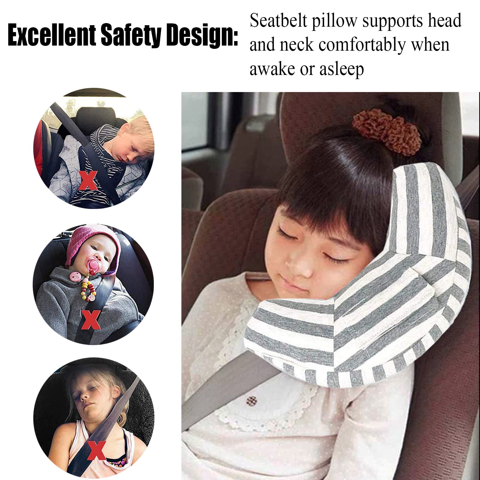 ZYNQACC Car Seatbelt Pillow Neck Support Cushion Pad and Seatbelt Adjuster for Kids Travel,Universal Toddler Car Seat Headrest for Sleeping, Suitable for Airplane & Car Use (Grey)