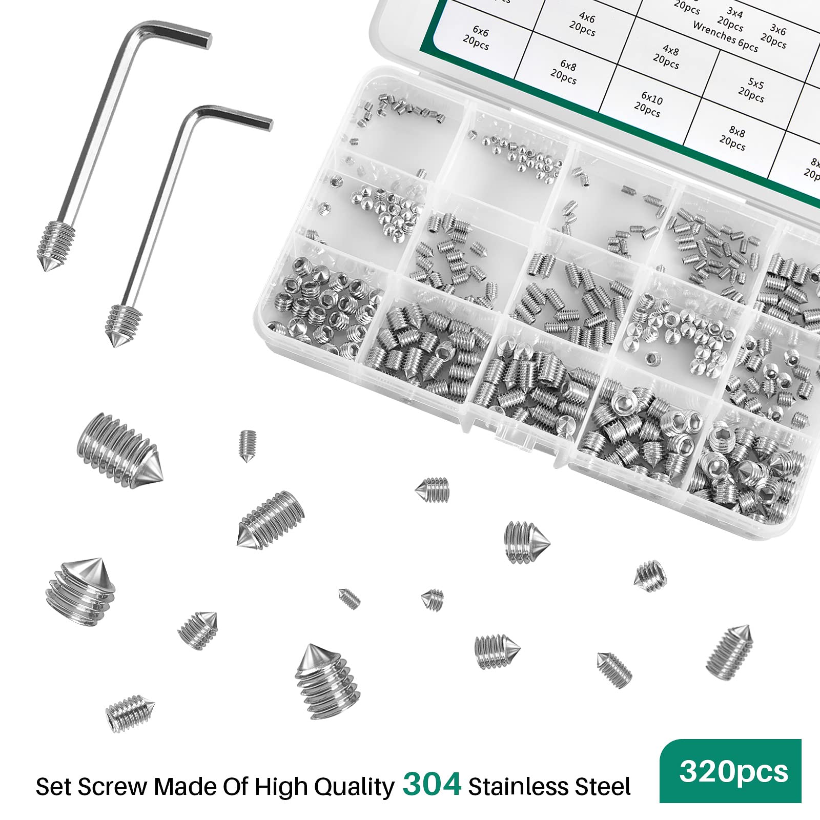 AJUER 320PCS Metric M2.5/3/4/5/6/8 304 Stainless Steel Allen Head Hex Socket Cone Point Set Screws,Internal Hex Drive Grub Screws,Tip Point Headless Set Screw Assortment Kit for Door Handle,Bathroom