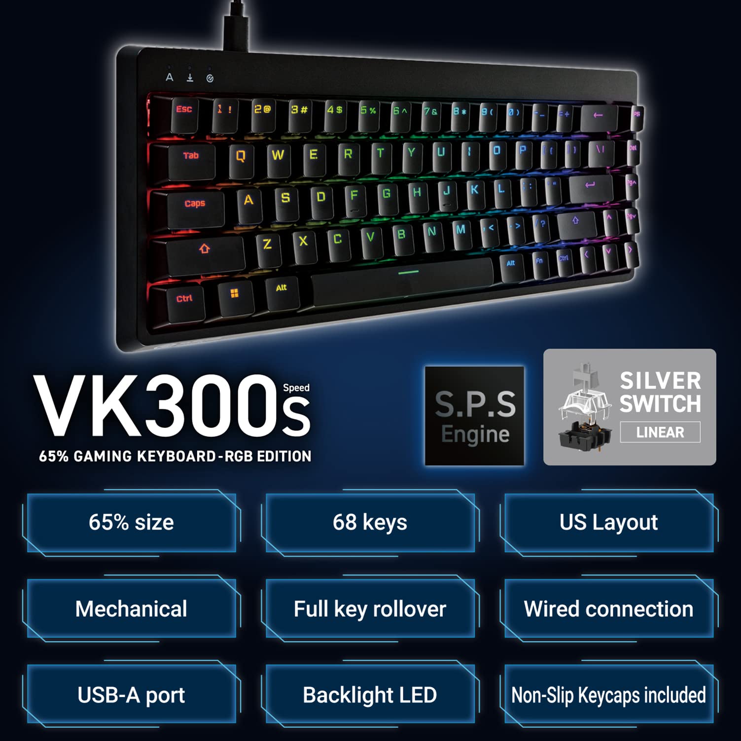 ELECOM Gaming V Custom VK300 Mini 65% RGB Gaming Keyboard, Backlit Wired Mechanical Keyboard, Speed Silver Linear Switches, N-Key Rollover, Detachable Braided Cable, Doubleshot Keycaps (TK-VK300SBK)