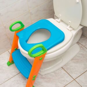 Potty Training Toilet Seat Chair with Sturdy Anti-Slip Step Ladder for Kids Boys Girls Toddlers - Comfortable w/Handles - Portable Safety Potty Trainer Step Stool (Orange/Blue)