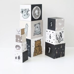 Wee Gallery Nesting Blocks - Baby Animals and Numbers - Black and White Stacking and Building Toy for Toddlers and Kids - Motor Skills, Creative Play and Problem Solving for Children (Ages 2 and up)