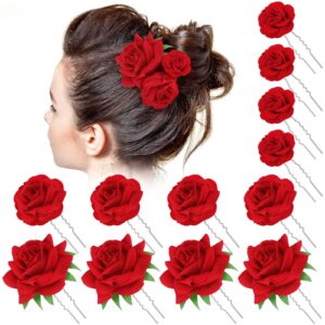 bbto 12 pcs rose hair clip mexican hair accessories for flamenco dancer women mexican flowers bridal flower hair pins hair clips for wedding dance birthday bridesmaid(large,medium,small,red)