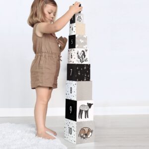 Wee Gallery Nesting Blocks - Baby Animals and Numbers - Black and White Stacking and Building Toy for Toddlers and Kids - Motor Skills, Creative Play and Problem Solving for Children (Ages 2 and up)