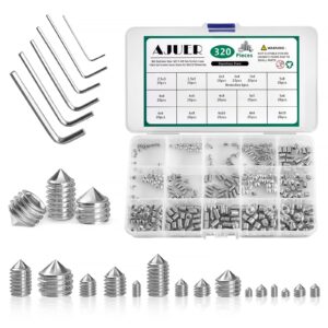 ajuer 320pcs metric m2.5/3/4/5/6/8 304 stainless steel allen head hex socket cone point set screws,internal hex drive grub screws,tip point headless set screw assortment kit for door handle,bathroom