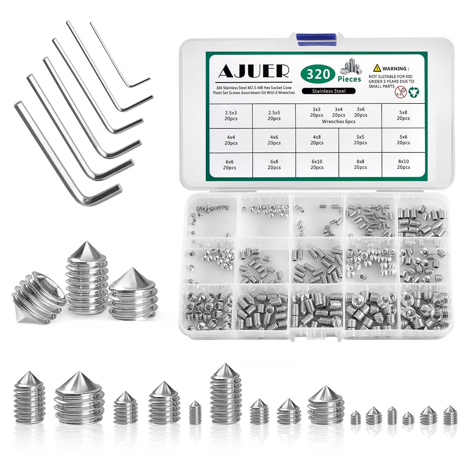 AJUER 320PCS Metric M2.5/3/4/5/6/8 304 Stainless Steel Allen Head Hex Socket Cone Point Set Screws,Internal Hex Drive Grub Screws,Tip Point Headless Set Screw Assortment Kit for Door Handle,Bathroom