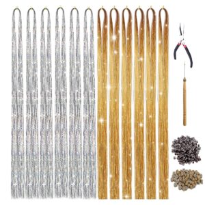 gold silver hair tinsel kit, 47 inches glitter heat resistant tinsel hair extensions tensile with hair beads wigs tools & accessories tools gift set for halloween christmas decoration women girls (gold and silver)