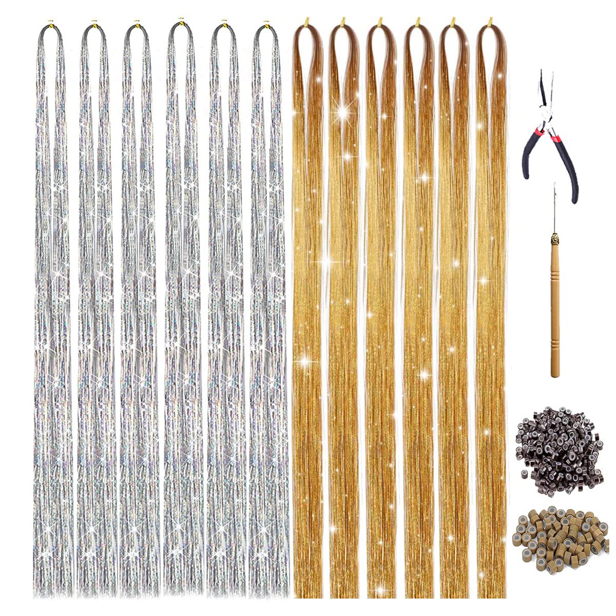 Gold Silver Hair Tinsel Kit, 47 Inches Glitter Heat Resistant Tinsel Hair Extensions Tensile with Hair Beads Wigs Tools & Accessories Tools Gift Set for Halloween Christmas Decoration Women Girls (GOLD AND SILVER)