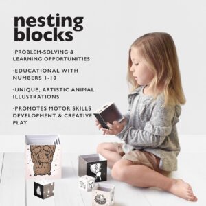 Wee Gallery Nesting Blocks - Baby Animals and Numbers - Black and White Stacking and Building Toy for Toddlers and Kids - Motor Skills, Creative Play and Problem Solving for Children (Ages 2 and up)