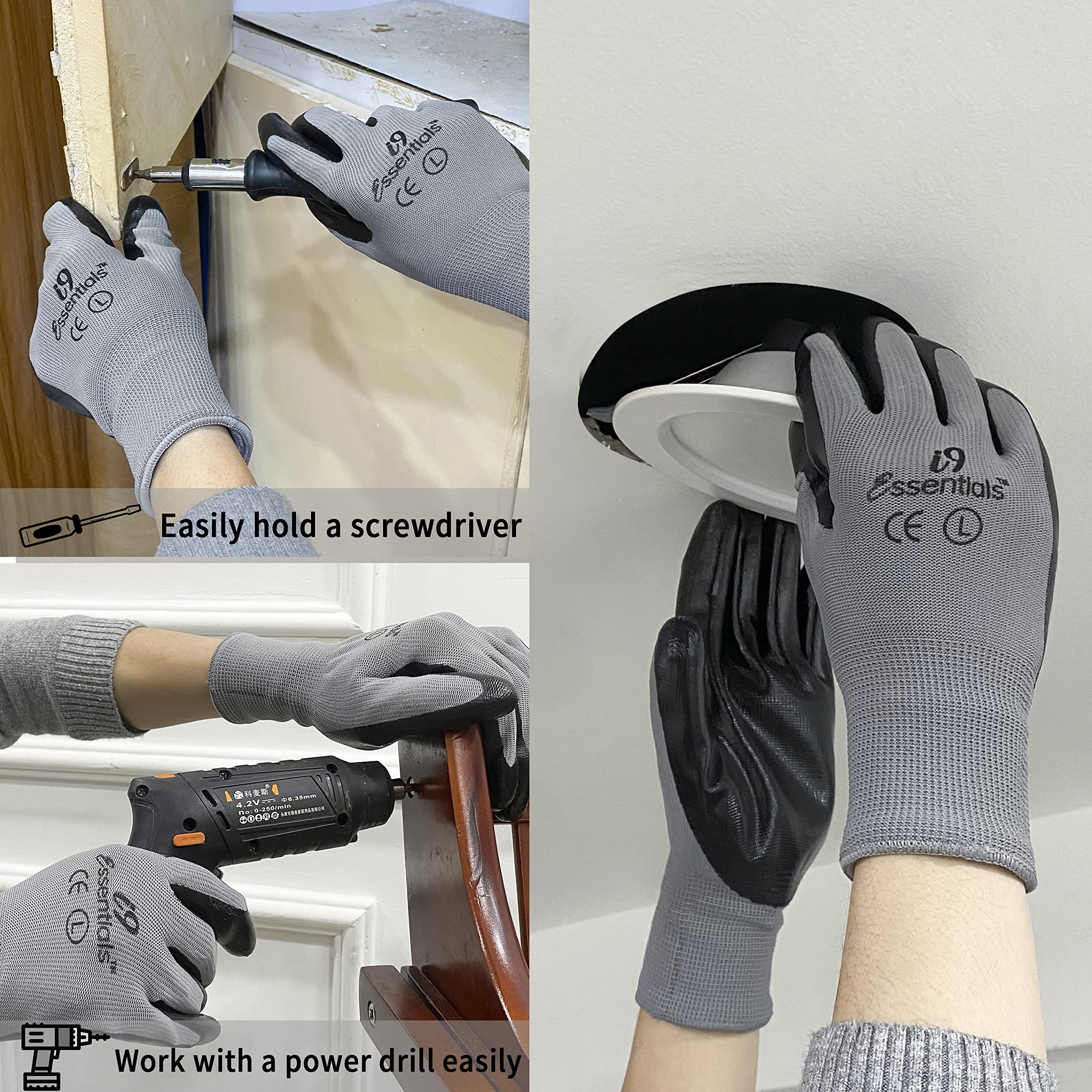 Multi-Purpose Work Gloves Large - Nitrile Coated Work Gloves for Men/women -Lightweight Safety work Gloves with grip for Woodworking, Gardening, Construction Work Gloves - Black & Grey,12 Pairs