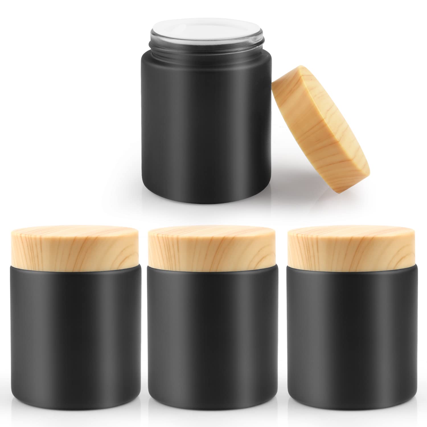 100g/3.4oz Black Frosted Glass Cream Jars Refillable Cosmetic Containers Empty Sample Jar Pot with Plastic Wood Grain Lids for Lotion Cream Eyeshadow Moisturiser Make Up - 4 Pack