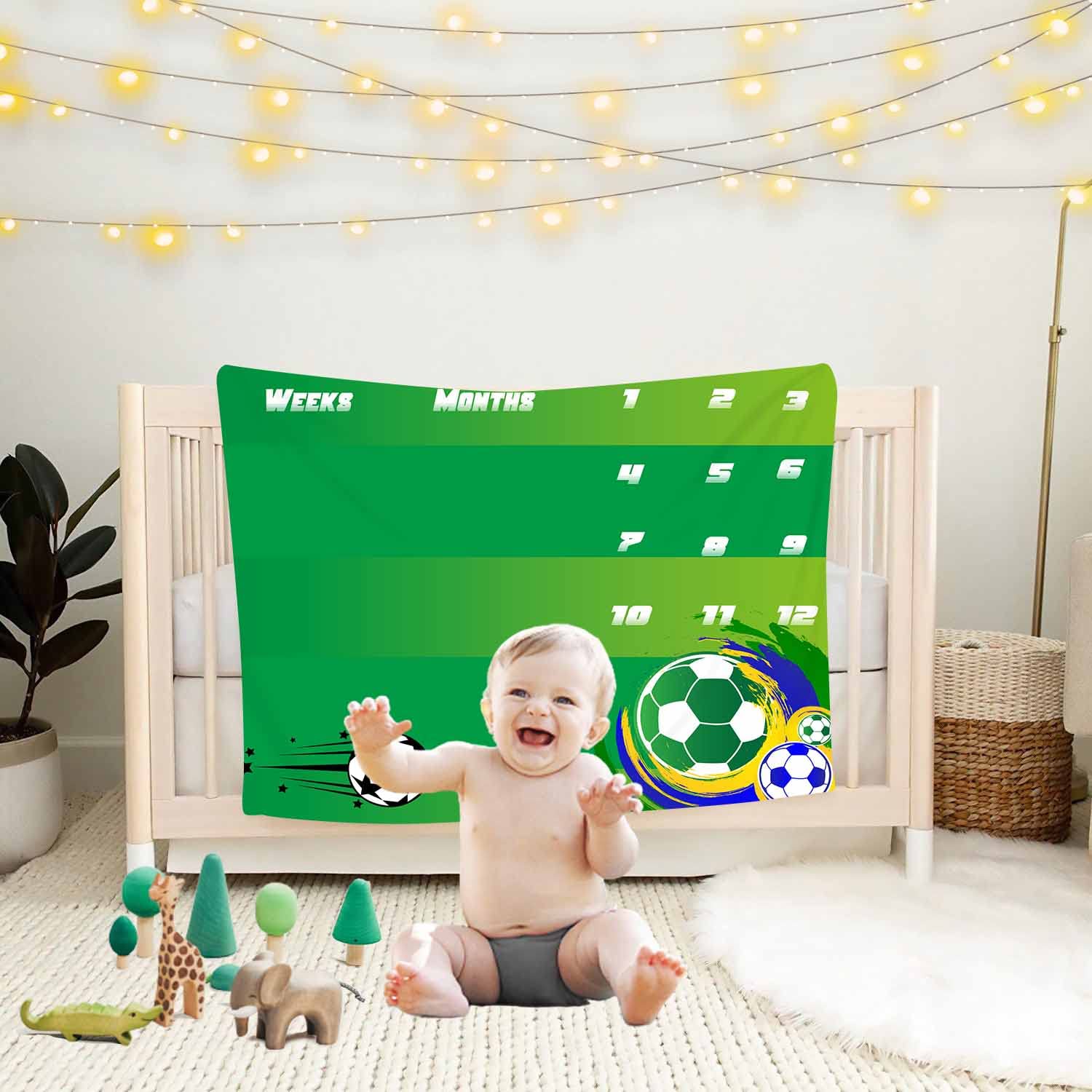 KIKIDOR Soccer Theme Baby Monthly Milestone Blanket Football Field Sports Newborn Boy Baby Shower Photo Background Props Nursery Decor Personalized Growth Chart Flag Blanket 48x40inch BTYYKI010