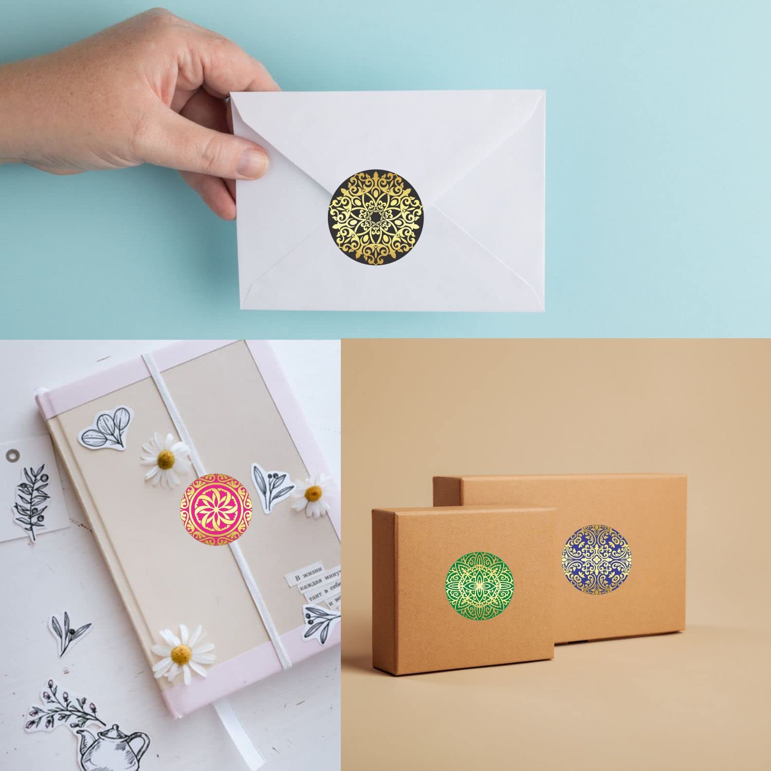 Mandala Gold Foil Stickers - (Pack of 120) 2" Large Round Labels for Christmas Happy Holidays New Year Birthday Cards Gift Boxes Envelope Seals