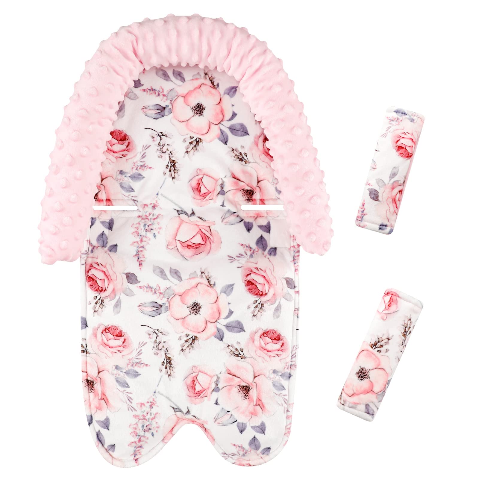 Baby Head Support and Strap Cover for Car Seat, Mink Infant Carseat Headrest for Girls, Newborn Car Seat Insert Cushion for Strollers, Pink Floral