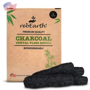 rebearth deep clean charcoal black floss refill - oral care dental flossers threaders roll with mint flavored, 30m bamboo earth silk smooth & shred resistant zero waste plastic free (pack of 4)