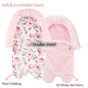 Baby Head Support and Strap Cover for Car Seat, Mink Infant Carseat Headrest for Girls, Newborn Car Seat Insert Cushion for Strollers, Pink Floral