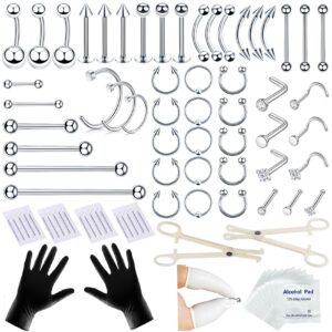 tustrion 80pcs nose piercing kit for all body piercings stainless steel piercing jewelry with 12g 14g 16g 20g piercing needles for ear cartilage tragus nose septum lip eyebrow