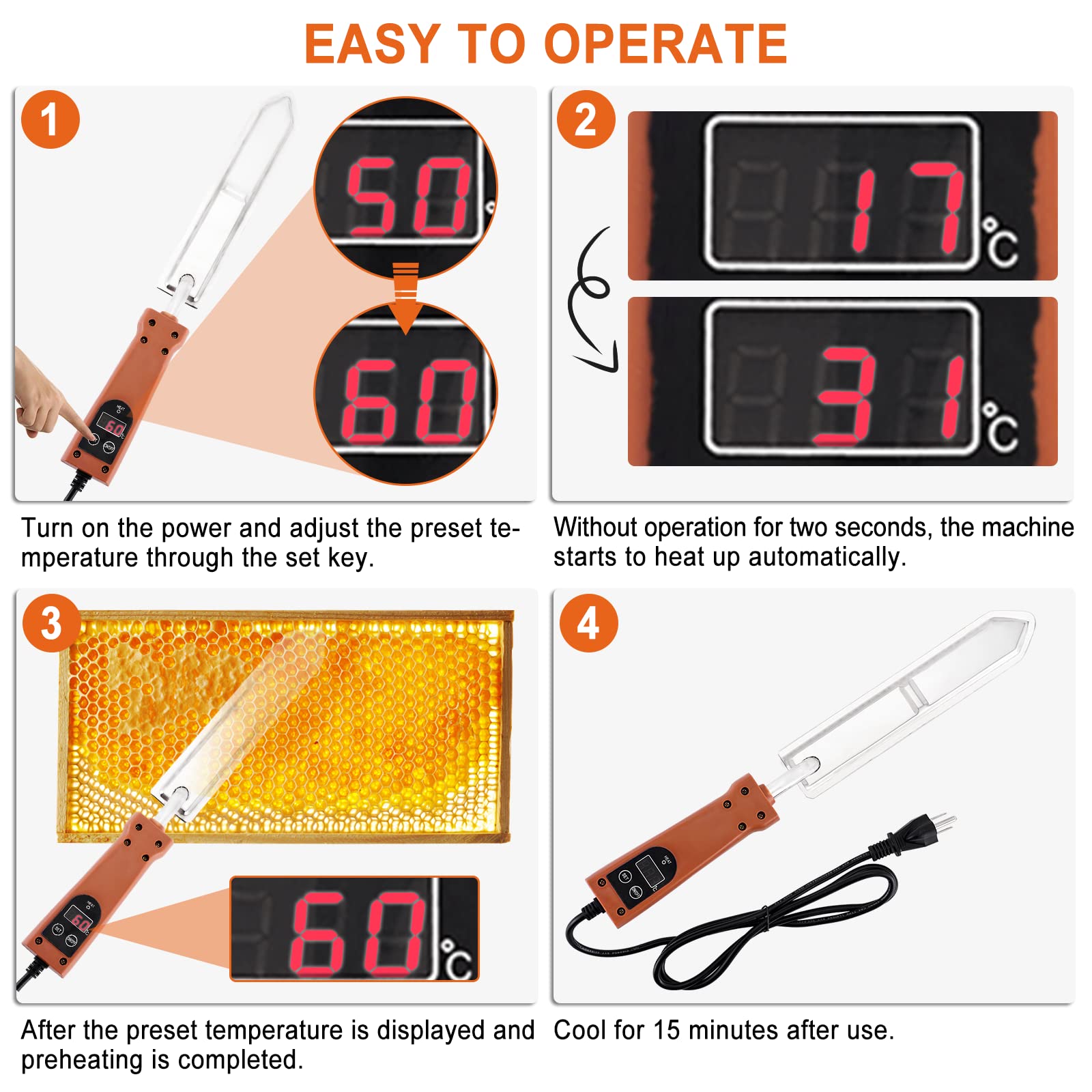 JIAWANSHUN Stainless Steel Electric Honey Cutter, 110V Adjustable Electric Honey Uncapping Knife with Temperature Control(50-180℃/122-356 ℉), for Wax Honey Extractor Knife, Digital Display