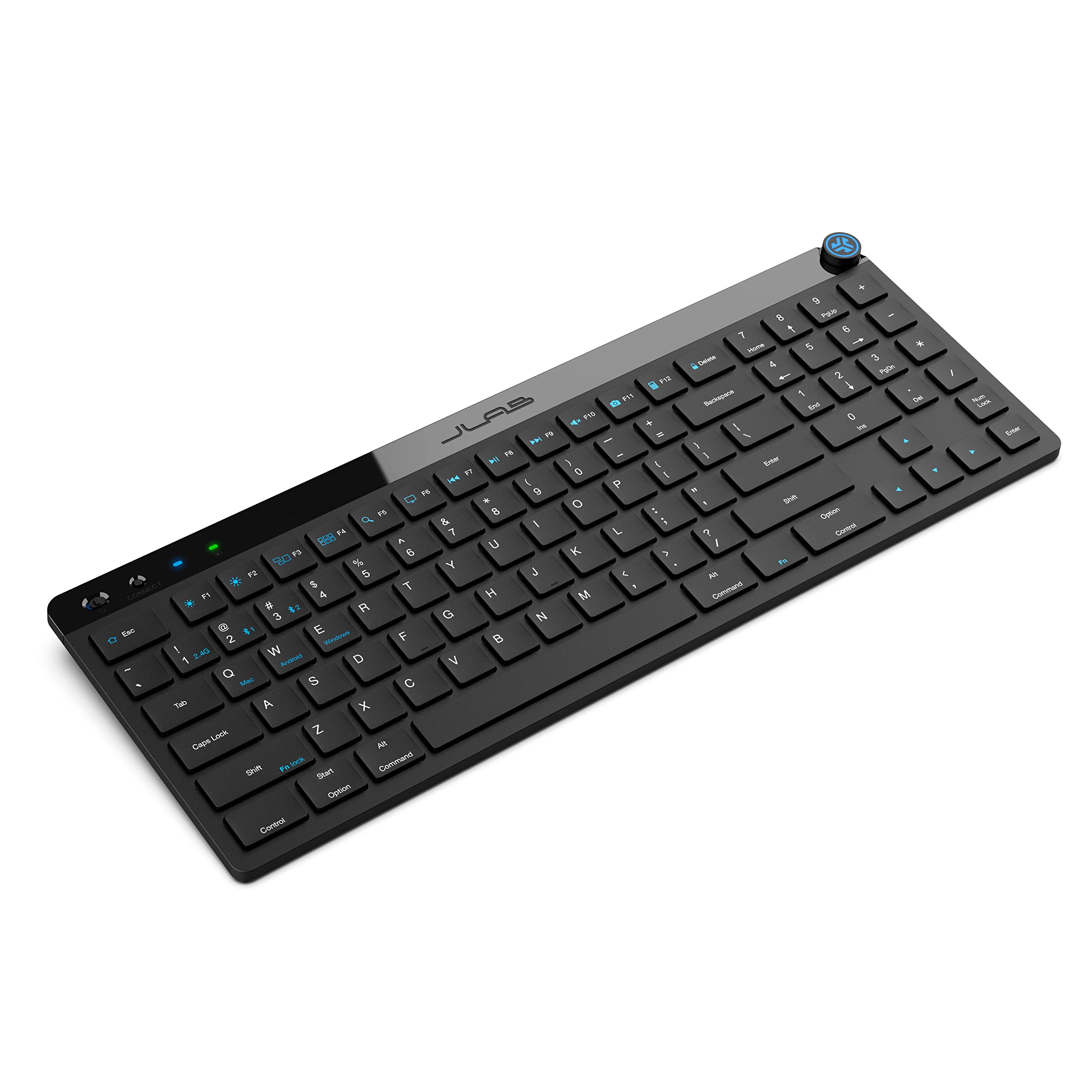 JLab JBuds Wireless Keyboard, Black, 95 Keys, Connect Via Bluetooth or USB Wireless Dongle, Multi-Device Toggle, Soft Touch Keys, Smart Media Knob, Custom User Profiles, Rechargeable (1 Pack)