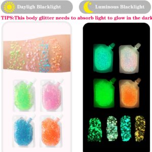 MEICOLY Glow in The Dark Body Face Glitter Gel,Luminous Halloween Sequins Chunky Glitter, Self-Adhesive Neon UV Blacklight Glitter for Body Face Hair Festival Sparkling Body Glitter for Women,Orange