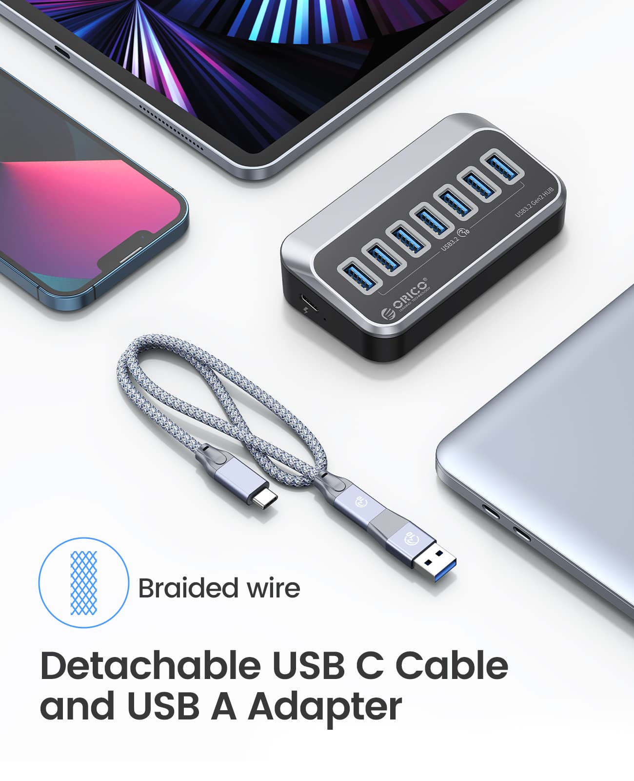 ORICO USB 3.0 Hub [5Gbps], 7 Port USB Hub with 1.64Ft USB-C Cable and USB-A Adapter, USB 3.2 Gen1 Splitter for iMac, All MacBooks, Mac Mini