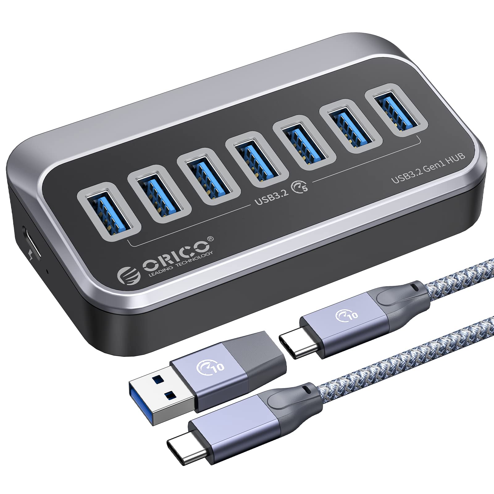 ORICO USB 3.0 Hub [5Gbps], 7 Port USB Hub with 1.64Ft USB-C Cable and USB-A Adapter, USB 3.2 Gen1 Splitter for iMac, All MacBooks, Mac Mini