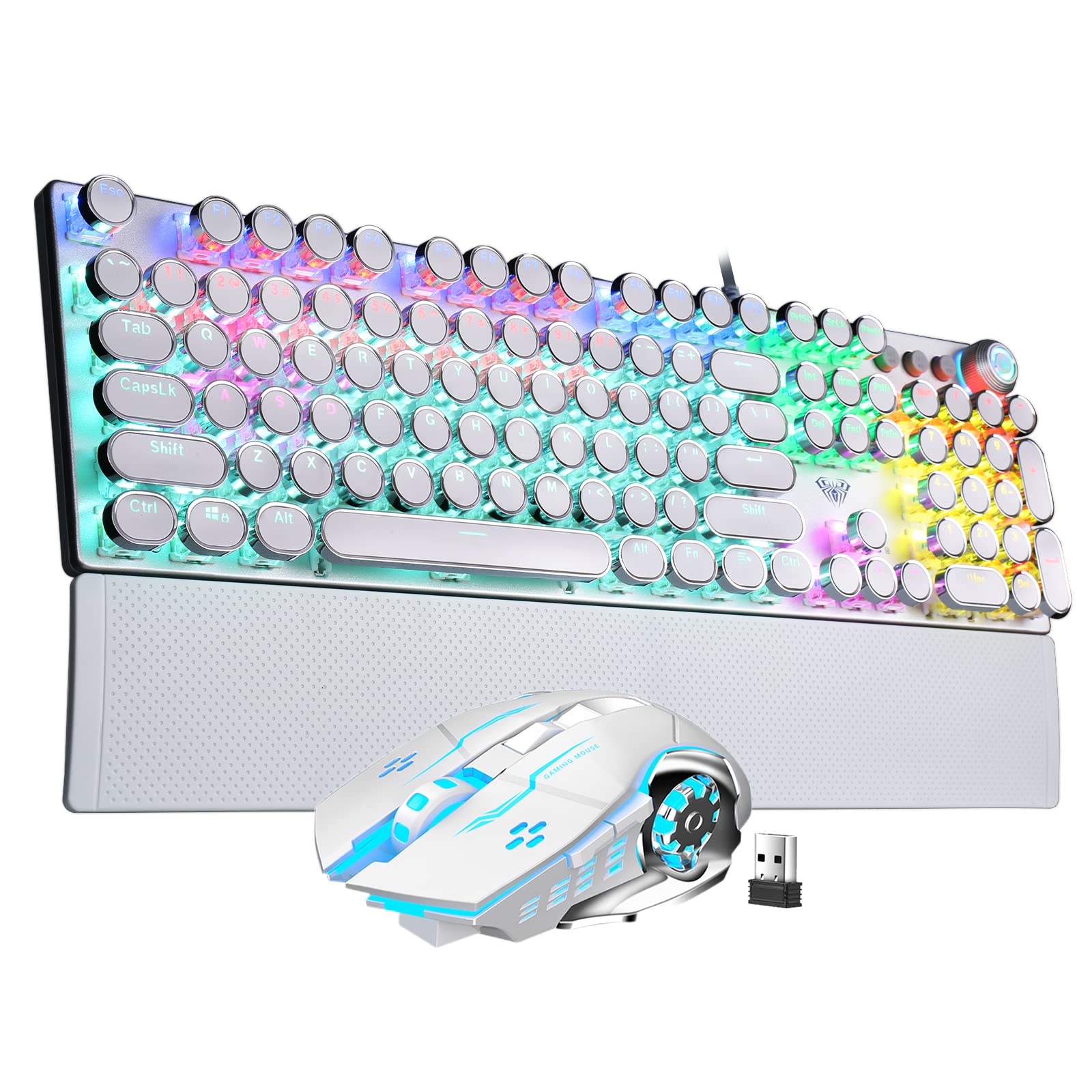 AULA White Gaming Keyboard and Mouse Combo (F2088 Typewriter Style Mechanical Keyboard Wired + SC100 Wireless Gaming Mouse), LED Rainbow Backlit Keyboard Mouse Set