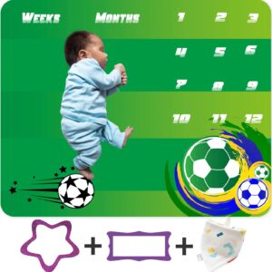 KIKIDOR Soccer Theme Baby Monthly Milestone Blanket Football Field Sports Newborn Boy Baby Shower Photo Background Props Nursery Decor Personalized Growth Chart Flag Blanket 48x40inch BTYYKI010