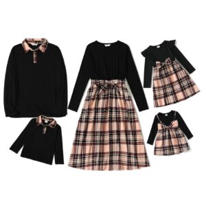 PATPAT Matching Family Outfits Mommy and Me Dresses Matching Set Mom and Daughter Matching Outfits Long Sleeve Patchwork Belted Dress and Button Down Plaid Shirts Khaki Buffalo Plaid Dress for Women M