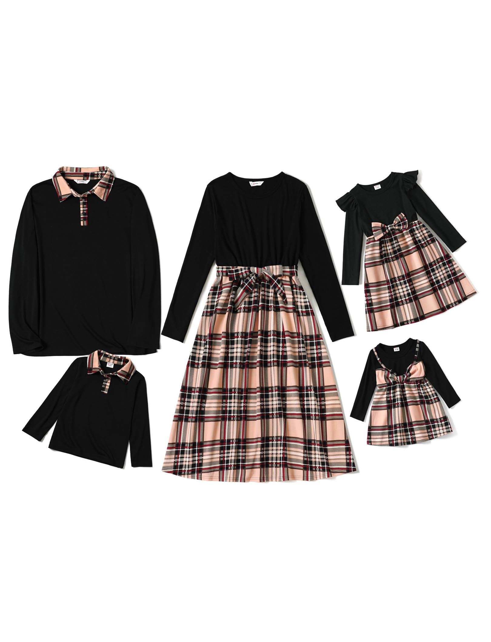 PATPAT Matching Family Outfits Mommy and Me Dresses Matching Set Mom and Daughter Matching Outfits Long Sleeve Patchwork Belted Dress and Button Down Plaid Shirts Khaki Buffalo Plaid Dress for Women M