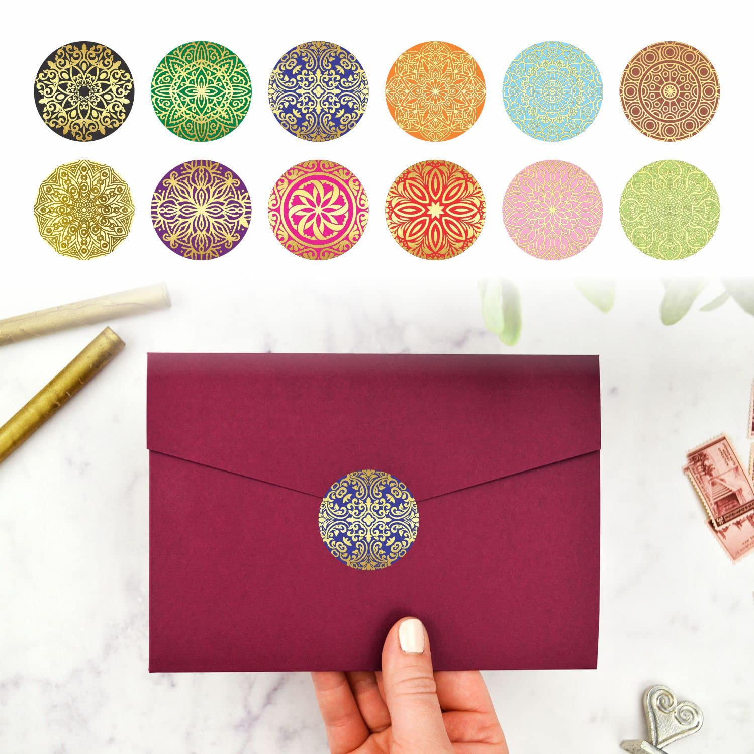 Mandala Gold Foil Stickers - (Pack of 120) 2" Large Round Labels for Christmas Happy Holidays New Year Birthday Cards Gift Boxes Envelope Seals