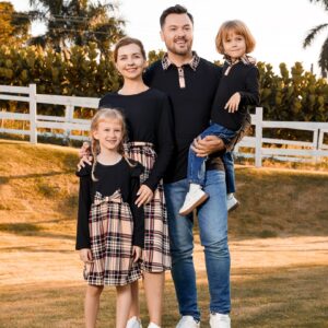 PATPAT Matching Family Outfits Mommy and Me Dresses Matching Set Mom and Daughter Matching Outfits Long Sleeve Patchwork Belted Dress and Button Down Plaid Shirts Khaki Buffalo Plaid Dress for Women M