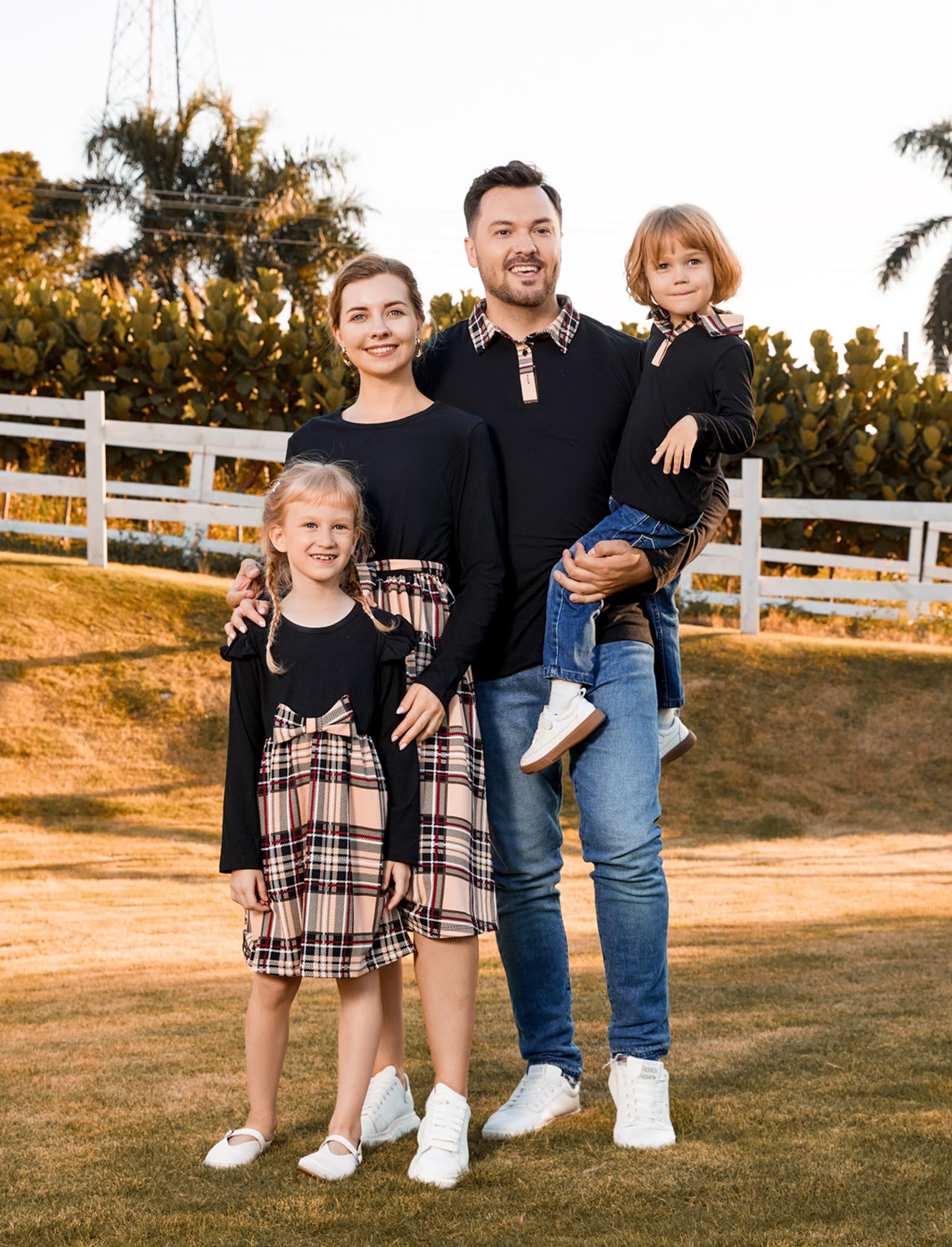 PATPAT Matching Family Outfits Mommy and Me Dresses Matching Set Mom and Daughter Matching Outfits Long Sleeve Patchwork Belted Dress and Button Down Plaid Shirts Khaki Buffalo Plaid Dress for Women M