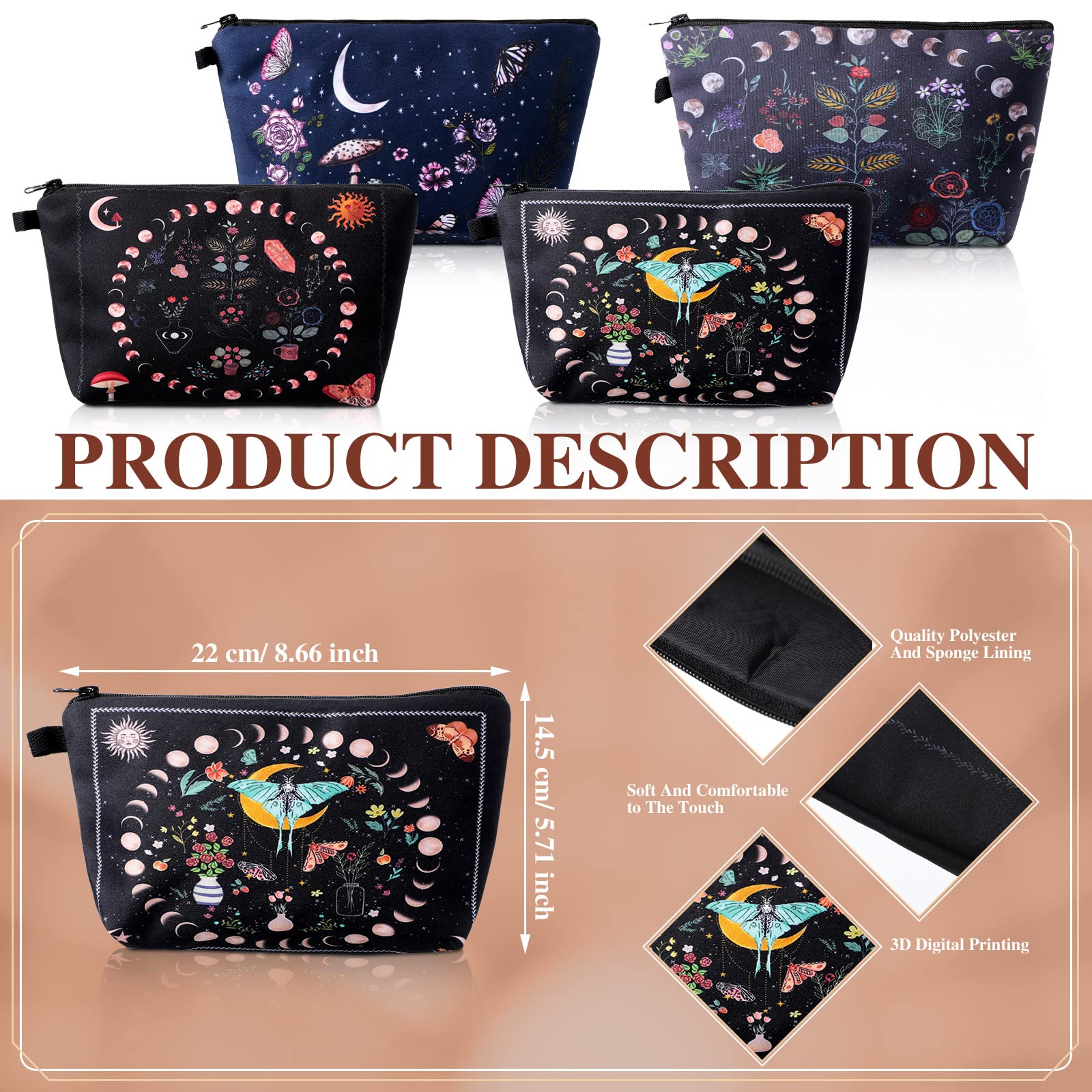 4 Pcs Small Witch Moon Makeup Bag Purse Portable Pouch with Zipper Flower Cosmetic Bag for 3D Printed Goth Pencil Case Travel Organizer Toiletry Storage Women Gift Supplies Holiday Decoration