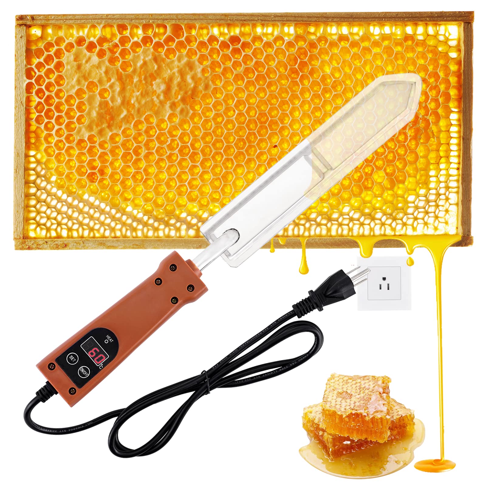 JIAWANSHUN Stainless Steel Electric Honey Cutter, 110V Adjustable Electric Honey Uncapping Knife with Temperature Control(50-180℃/122-356 ℉), for Wax Honey Extractor Knife, Digital Display