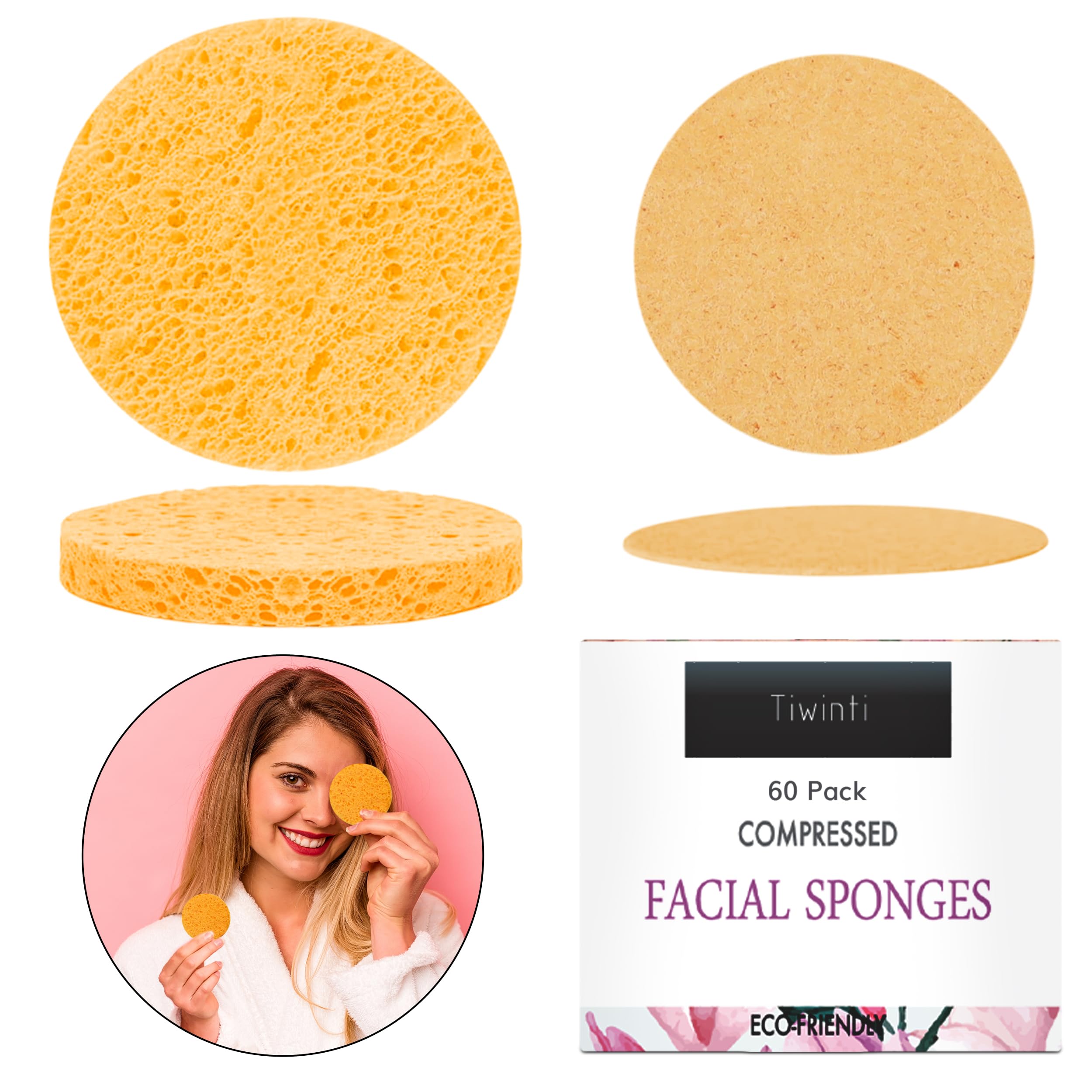 TiwinTi 60 Count Compressed Facial Sponges - Natural Wood Pulp Round Esthetician Face Sponges for Cleansing, Daily Face Washing, Exfoliating Makeup, and Mask Removal (Yellow)