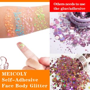 MEICOLY Glow in The Dark Body Face Glitter Gel,Luminous Halloween Sequins Chunky Glitter, Self-Adhesive Neon UV Blacklight Glitter for Body Face Hair Festival Sparkling Body Glitter for Women,Orange