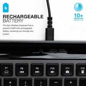 JLab Epic Wireless Keyboard, Black, 108 Keys, Connect Via Bluetooth or USB Wireless Dongle, Multi-Device Toggle, Soft Touch Keys, Smart Media Knob, Custom User Profiles, Rechargeable (1 Pack)