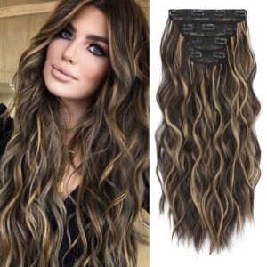 reecho hair extensions, 4pcs clip in hair extensions he001 natural soft synthetic hairpieces for women, dark brown with blonde highlights