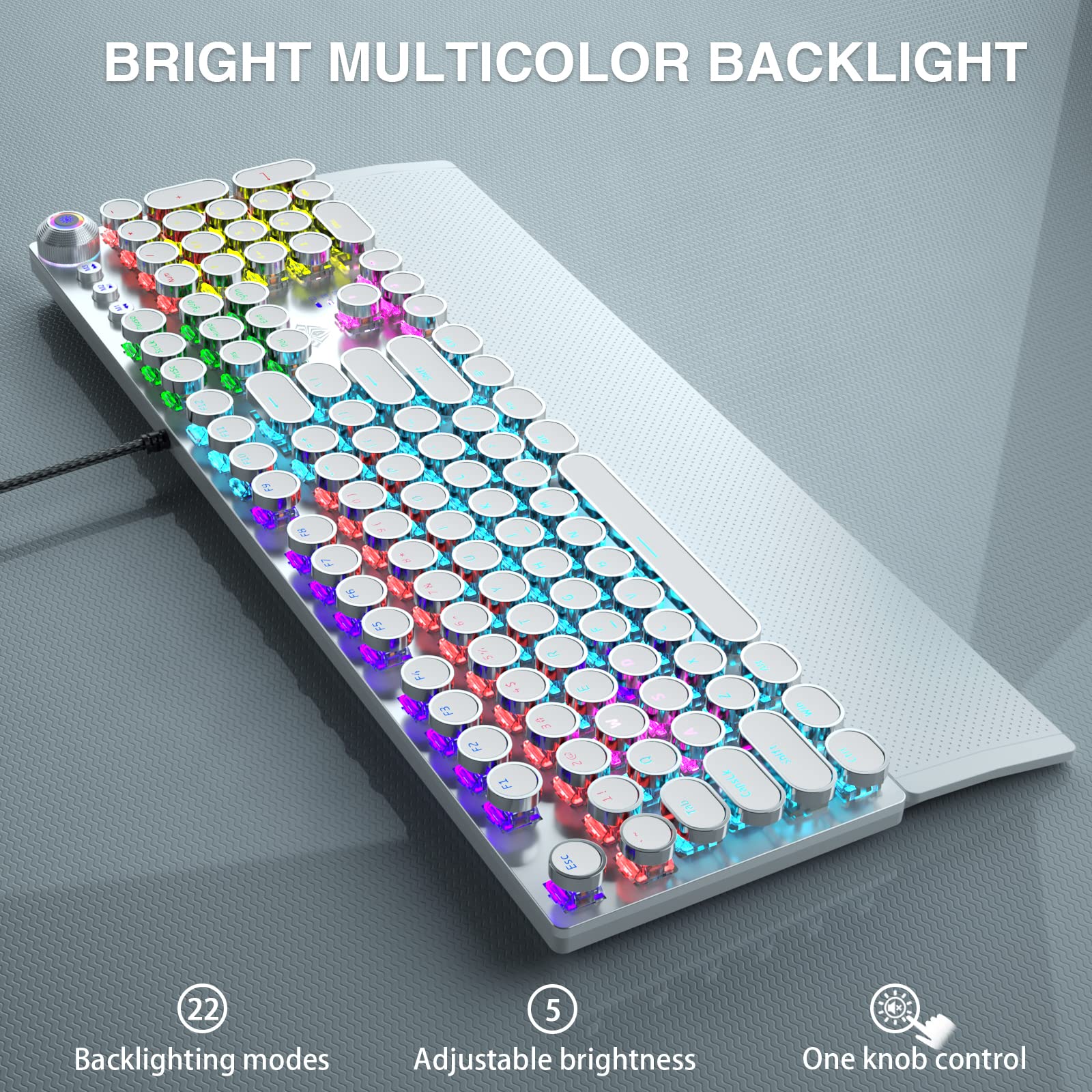 AULA White Gaming Keyboard and Mouse Combo (F2088 Typewriter Style Mechanical Keyboard Wired + SC100 Wireless Gaming Mouse), LED Rainbow Backlit Keyboard Mouse Set