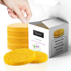 tiwinti 60 count compressed facial sponges - natural wood pulp round esthetician face sponges for cleansing, daily face washing, exfoliating makeup, and mask removal (yellow)